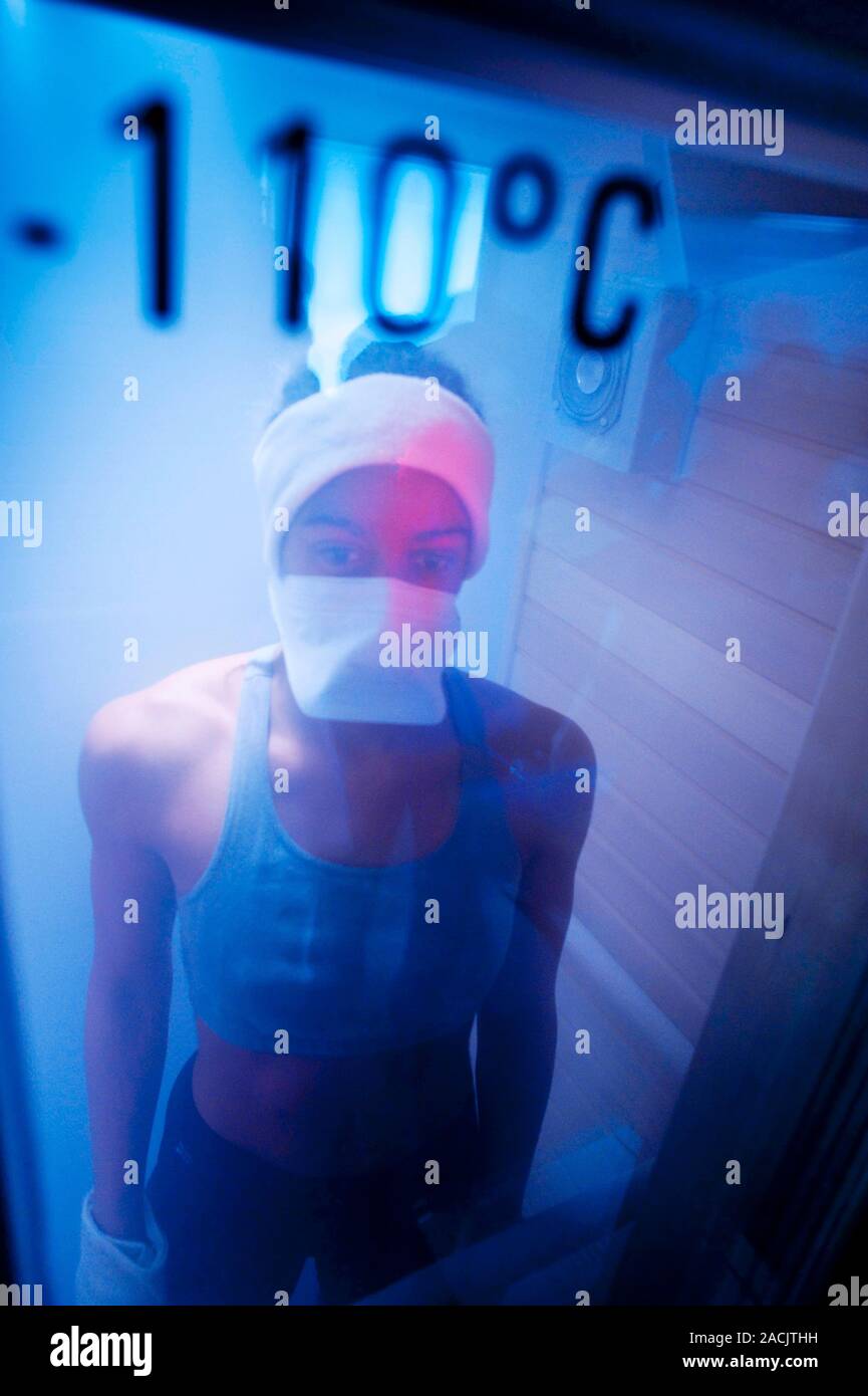 Cryogenic chamber therapy. Patient in a cryotherapy chamber ...