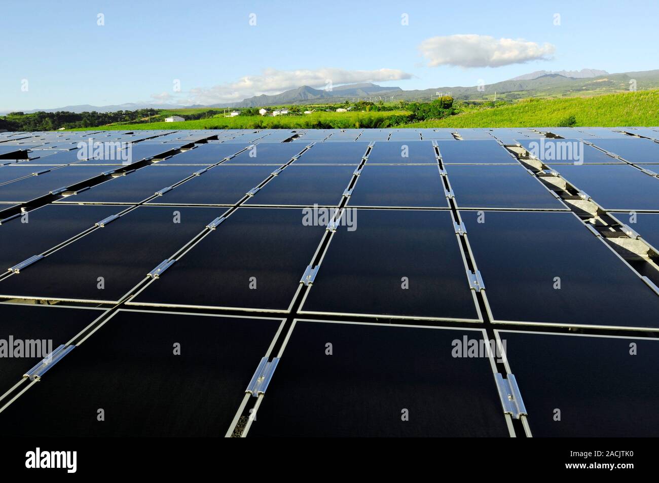 Solar panels. Array of photovoltaic cells on Reunion island, Indian ...