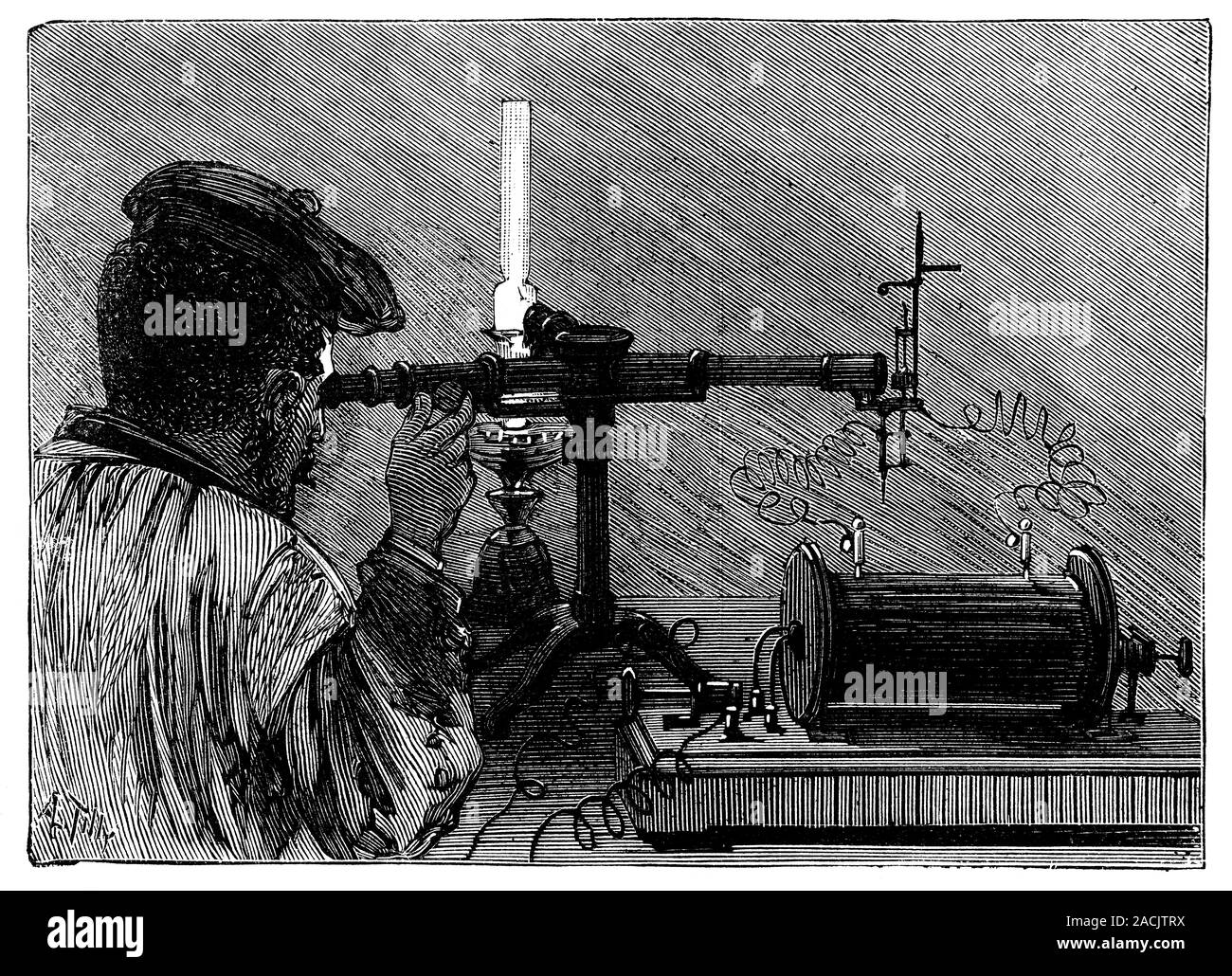 Flame spectroscopy. This apparatus uses an electric arc (battery at ...