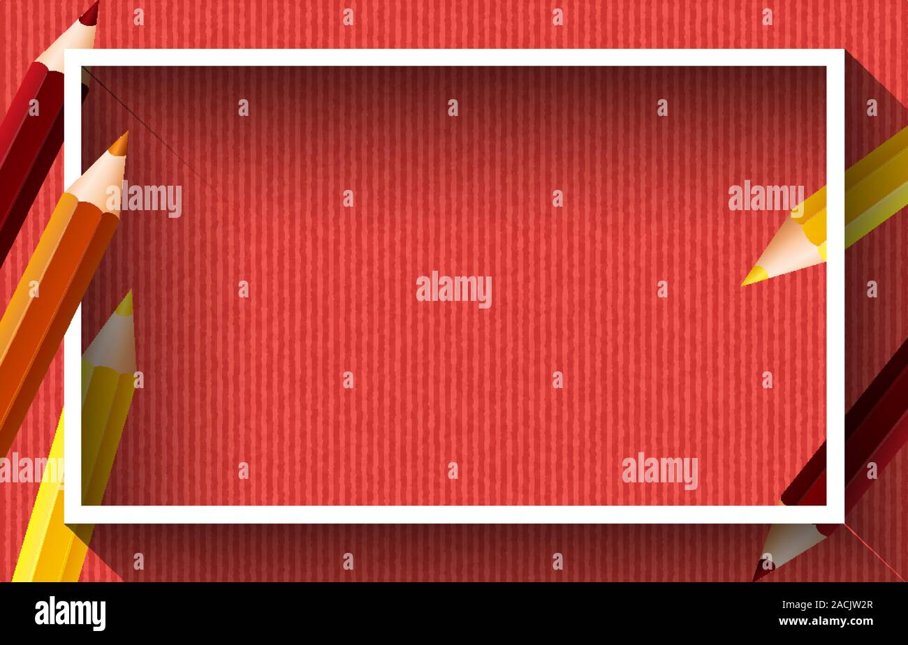Frame template design with color pencils on red illustration Stock ...