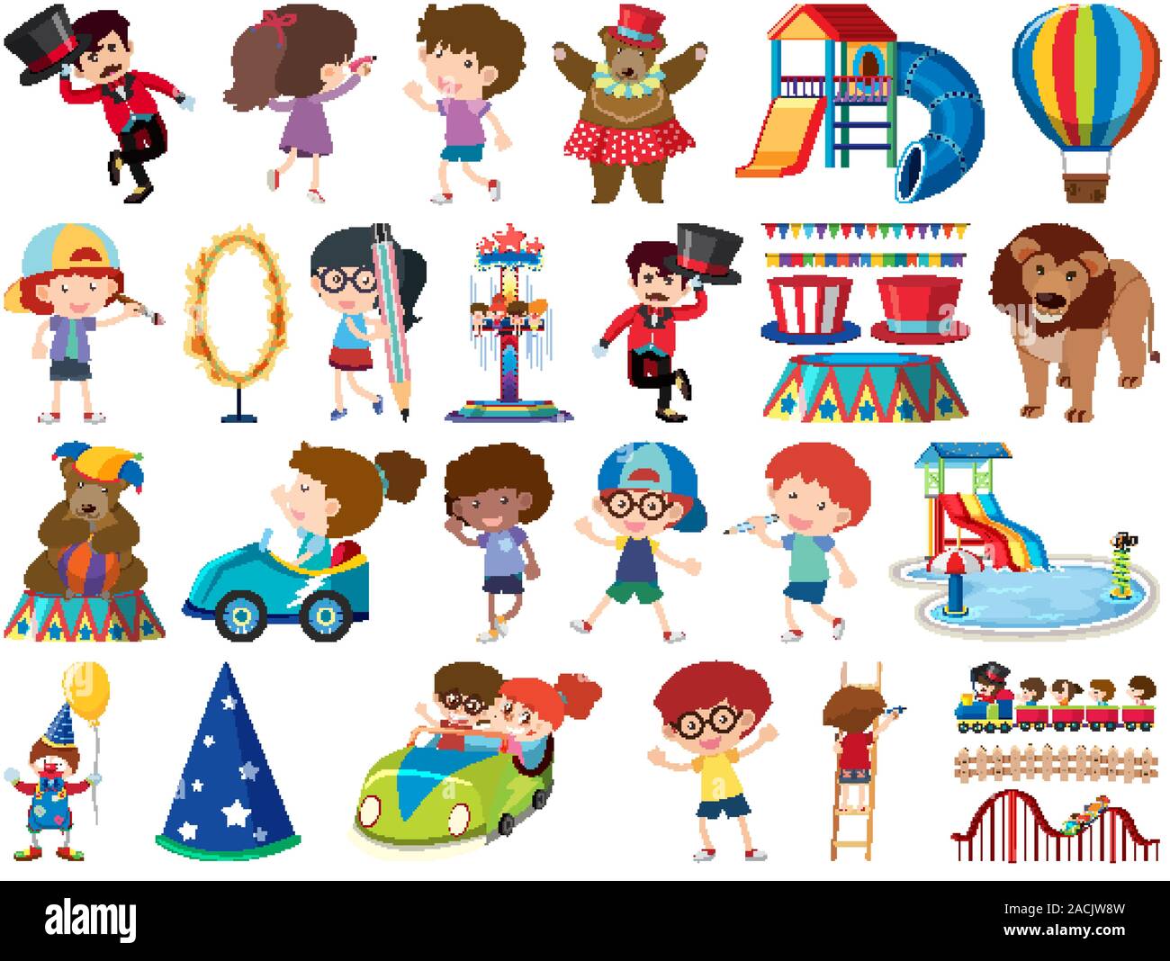 Large set of isolated objects of kids and circus illustration Stock ...