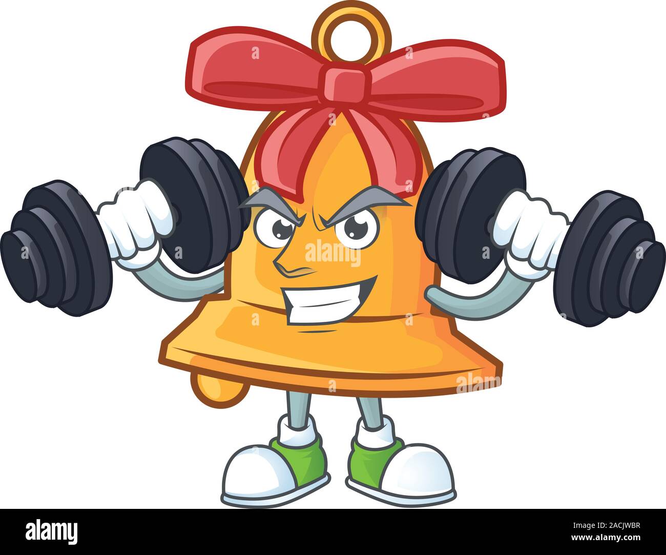 Fitness exercise christmas bell cartoon character holding barbells ...