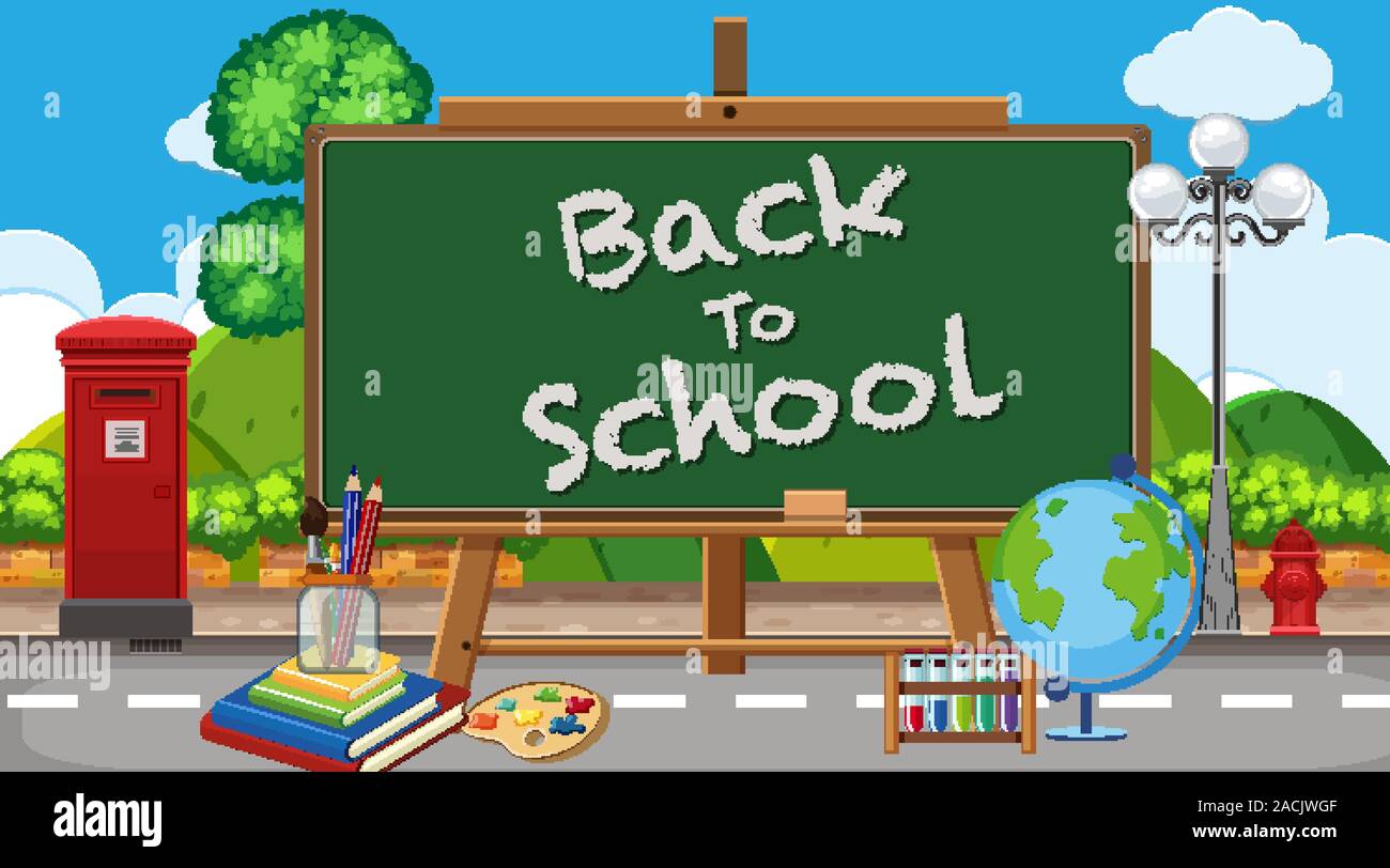 Back to school sign with many school items illustration Stock Vector ...