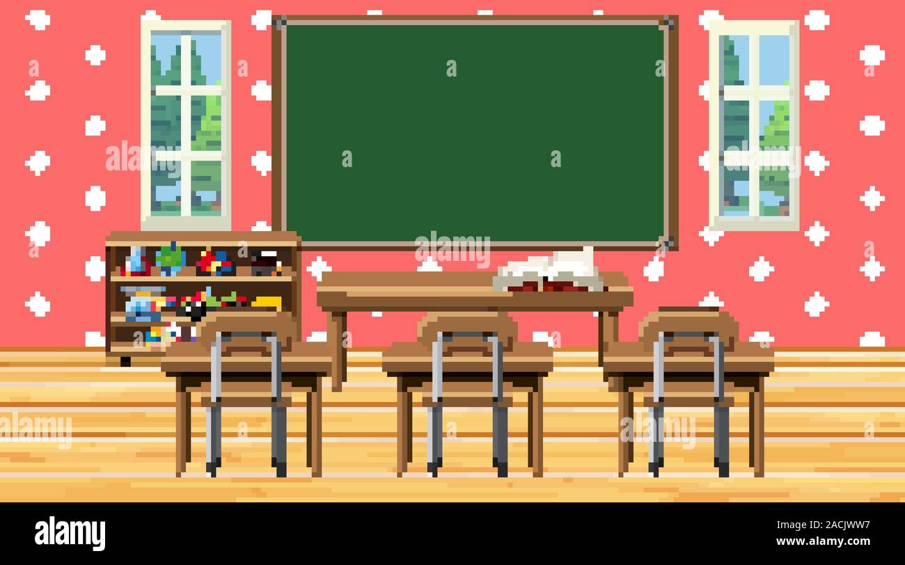 Classroom scene with chalkboard and desks illustration Stock Vector ...