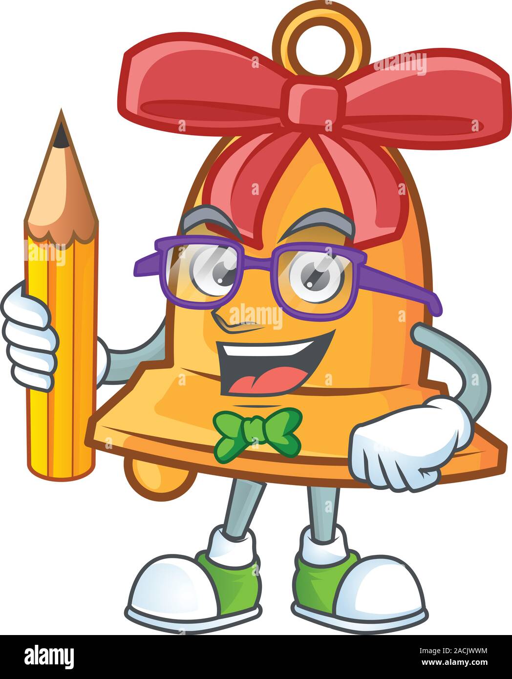 Cool smart Student christmas bell character holding pencil Stock Vector ...