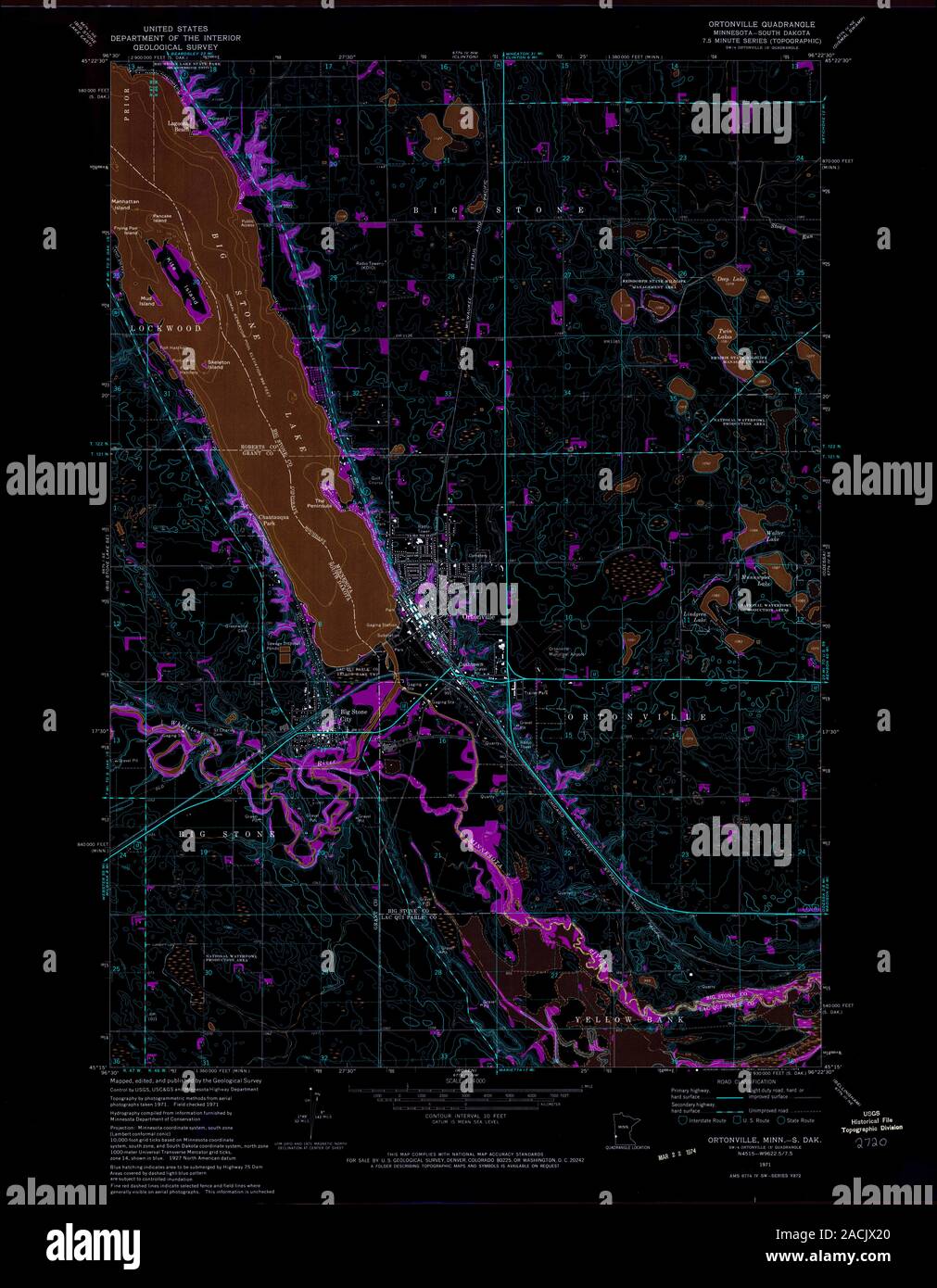 USGS TOPO Map South Dakota MN Ortonville 805174 1971 24000 Inverted ...