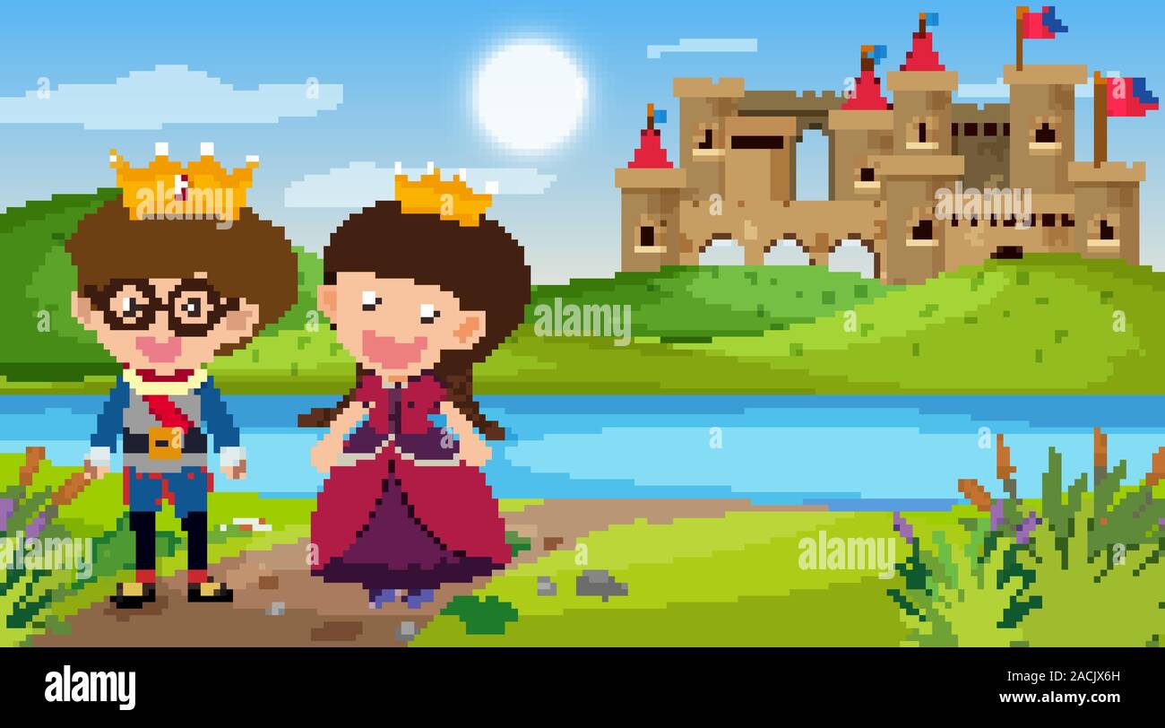 Nature scene with king and queen by the river illustration Stock Vector ...