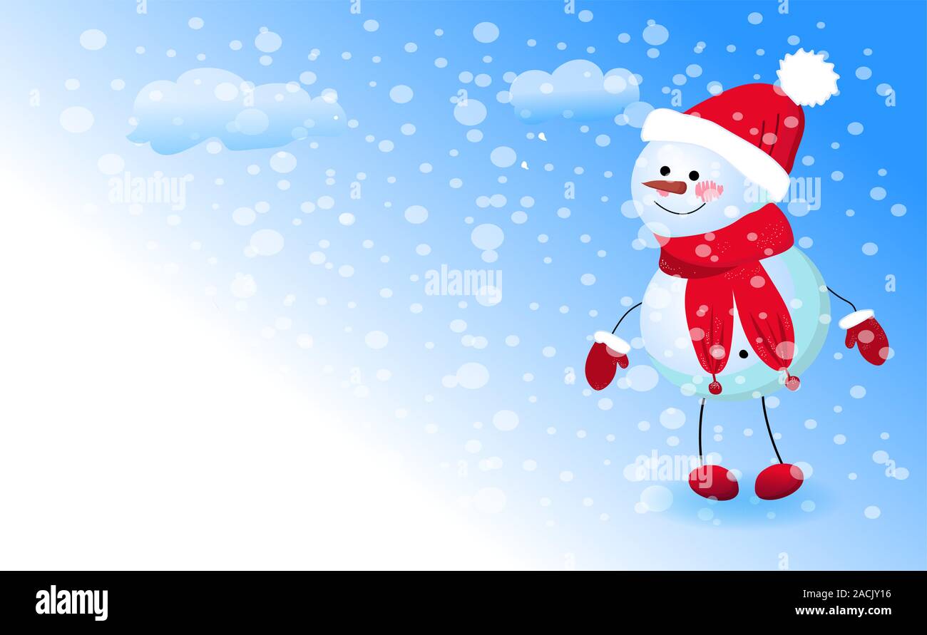 Merry Christmas. Cartoon snow man in red hat and and falling snow ...