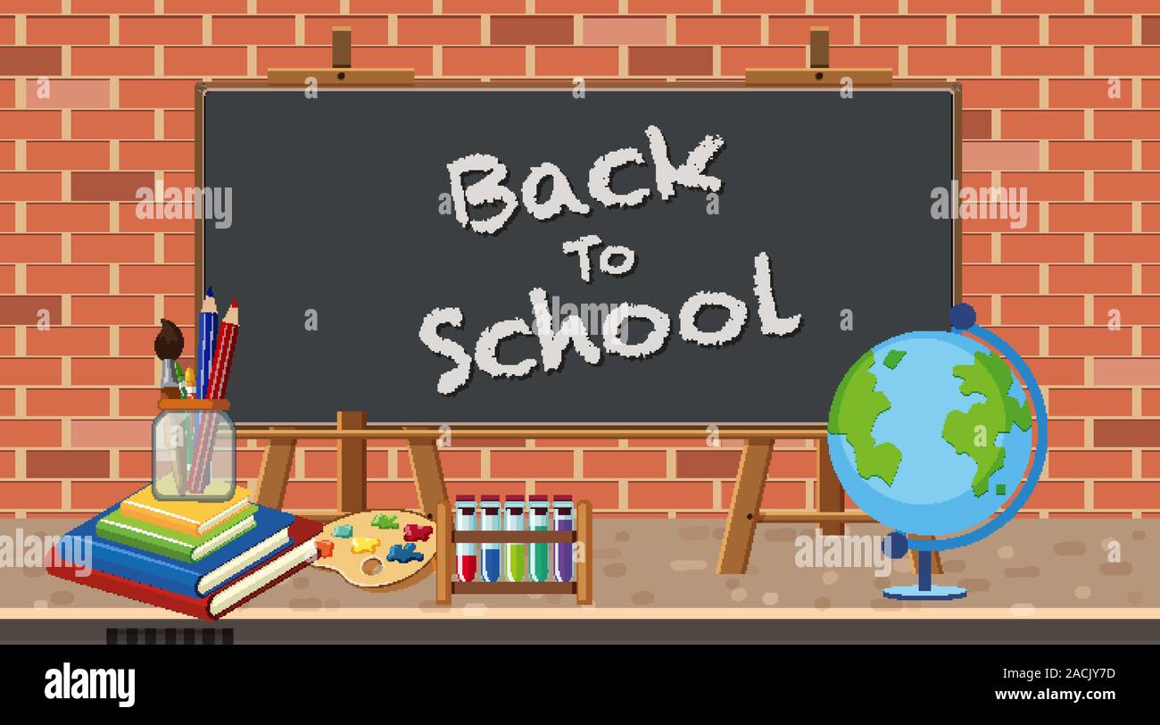 Classroom scene with board and stationeries illustration Stock Vector ...