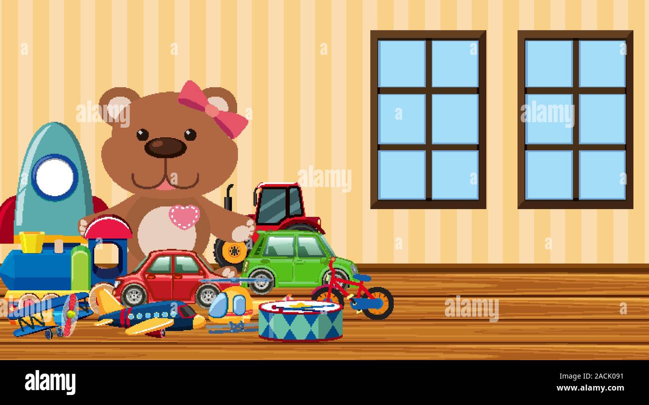 Scene with many cute toys on the floor illustration Stock Vector Image ...