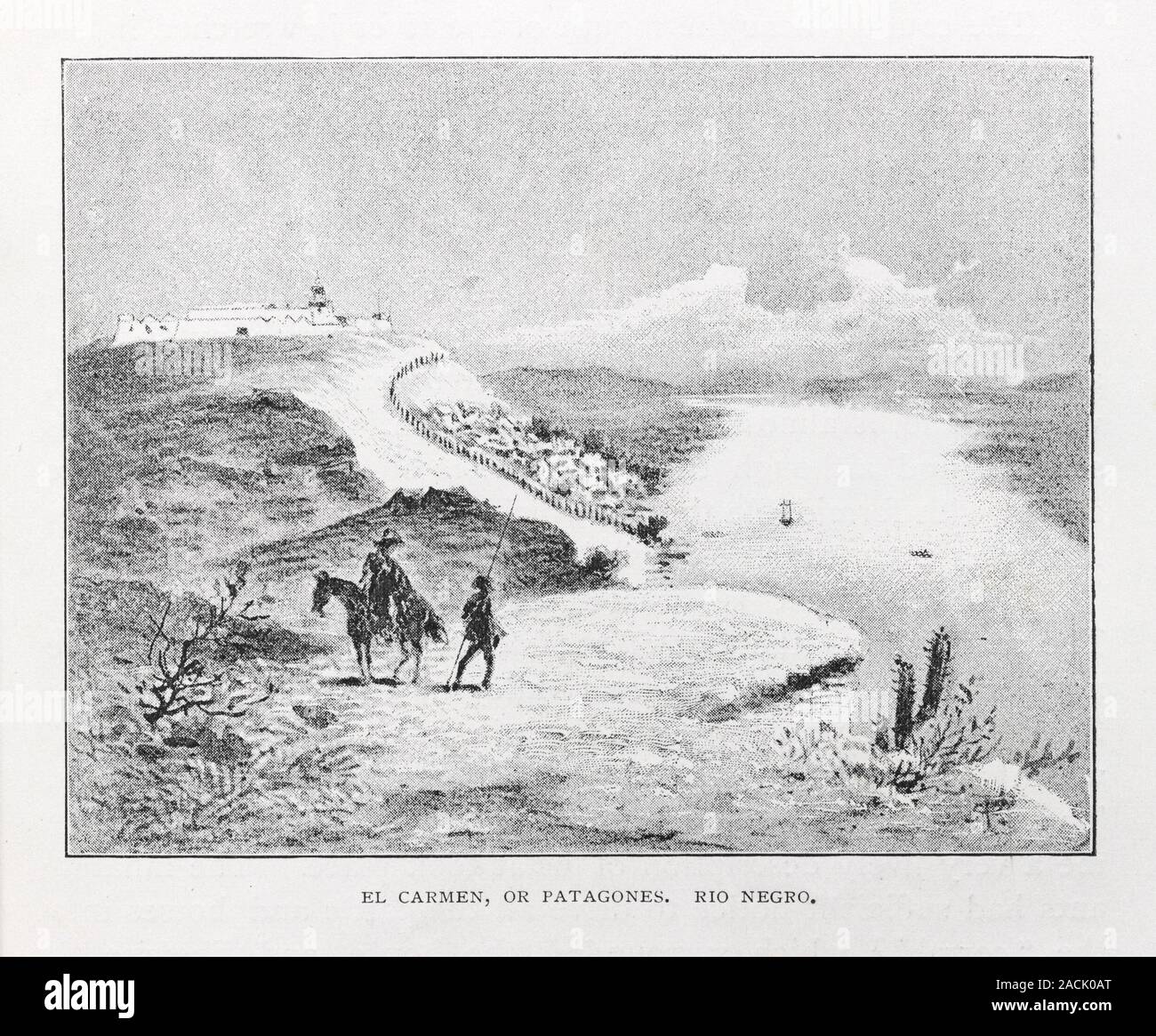 Carmen de Patagones, Argentina. Artwork of a scene overlooking the ...