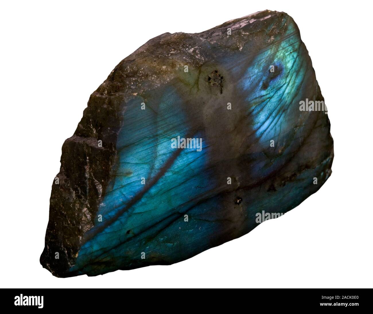 Specimen of labradorite feldspar mineral showing iridescent colouring ...