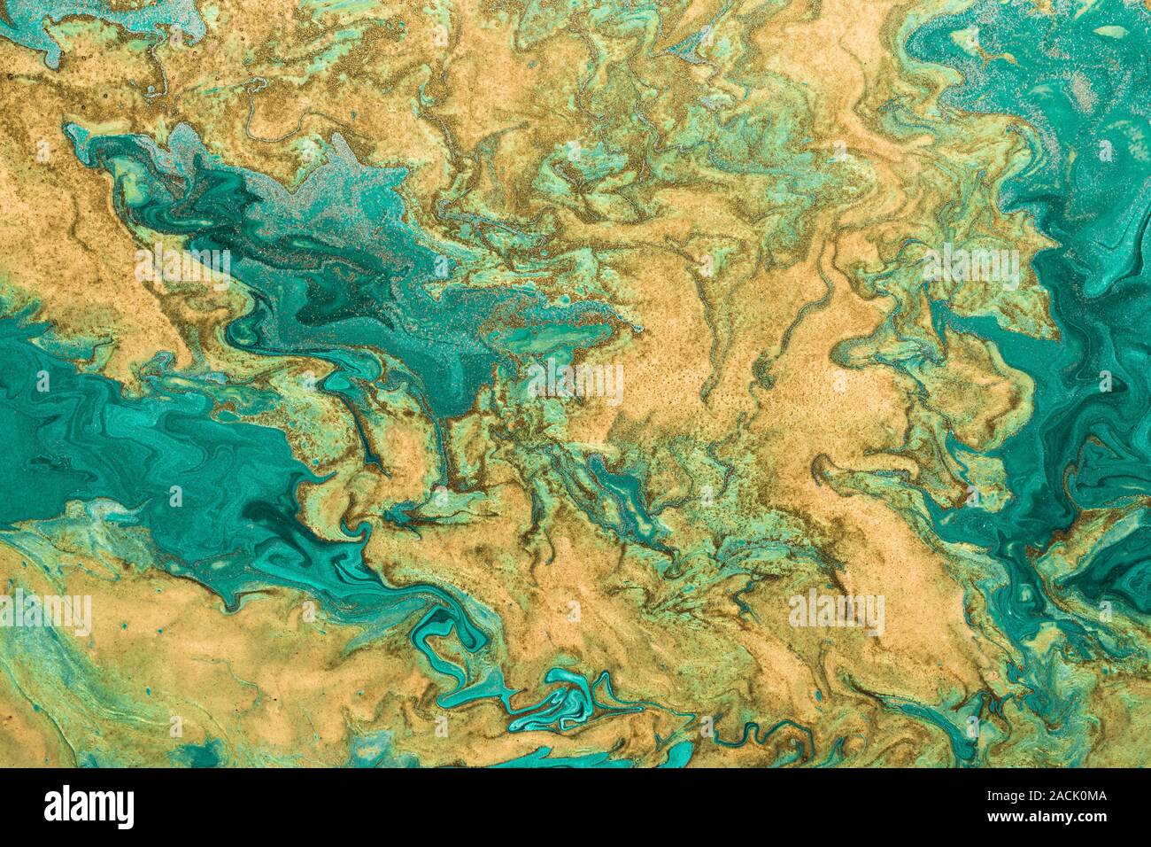 Acrylic fluid art. Abstract golden waves on green background with ...