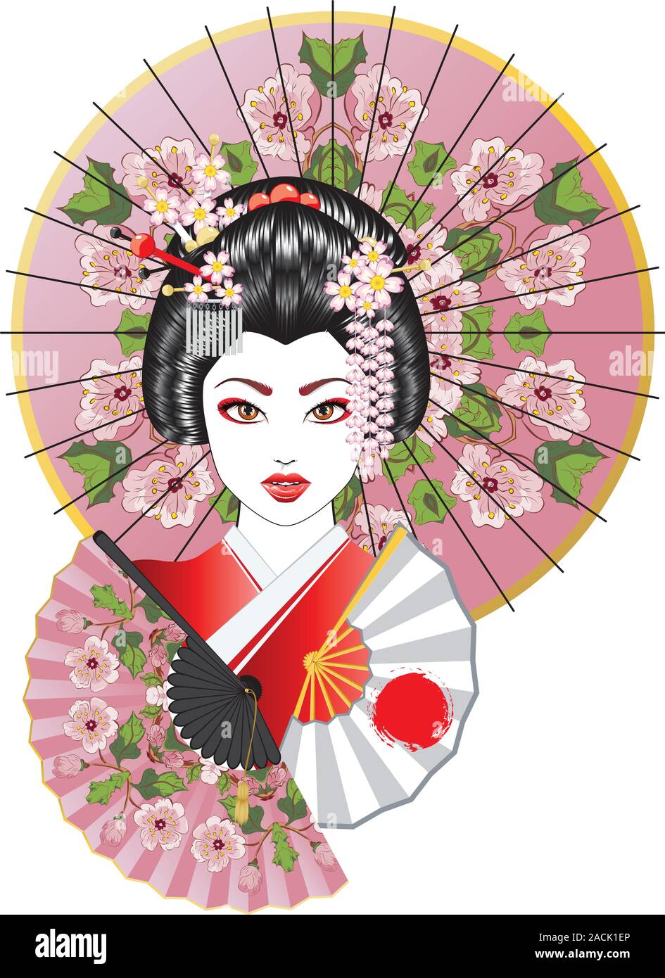 Portrait of geisha with oriental fan and decorative umbrella ...