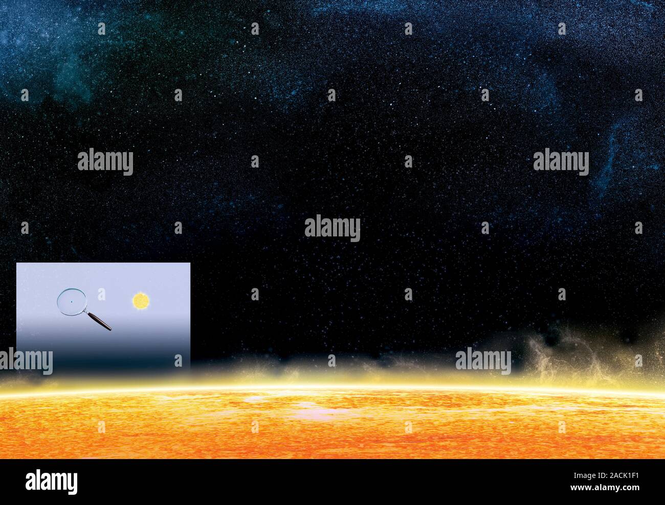 Sun and Betelgeuse. Artwork comparing the sizes of the Sun (lower left ...