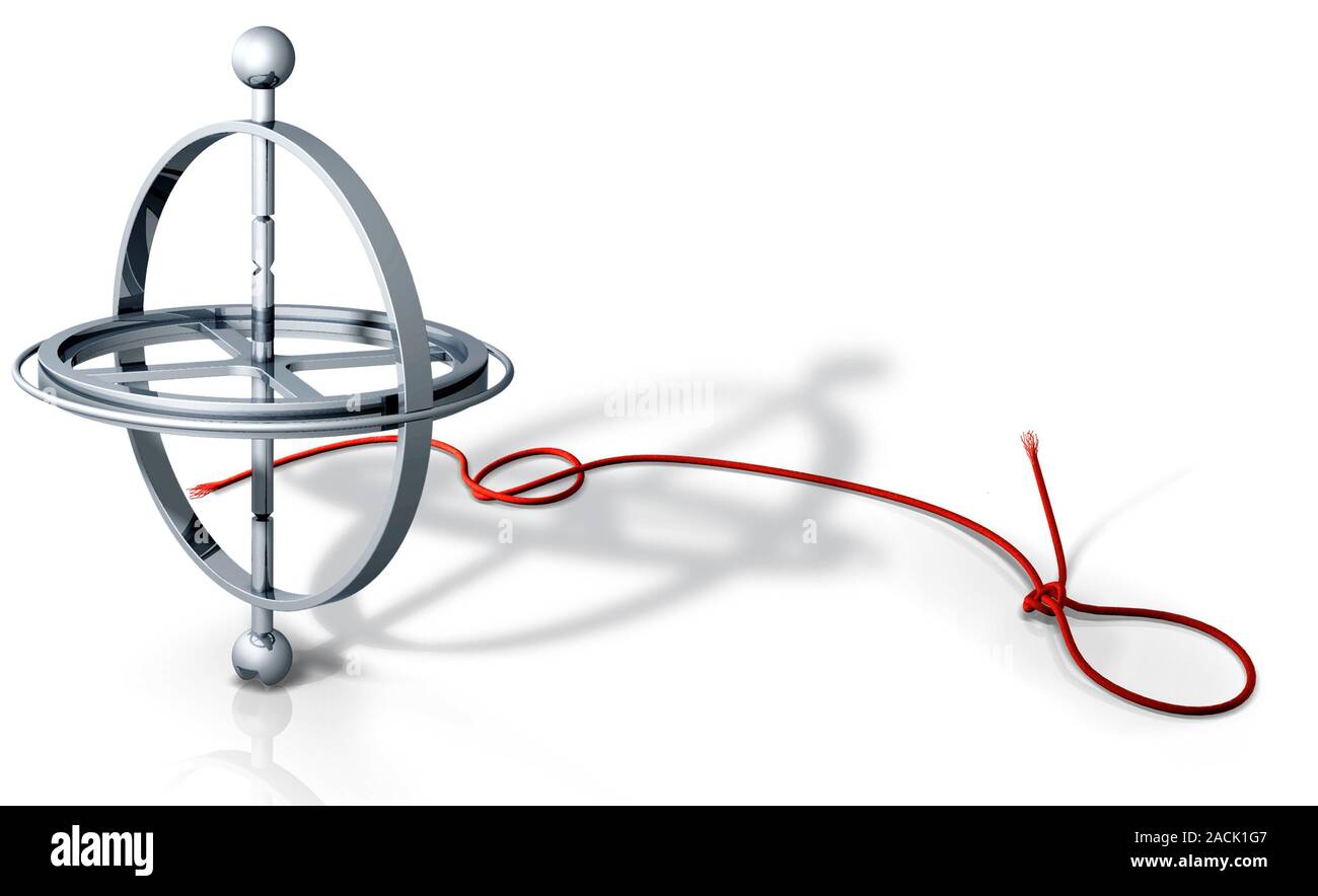 Gyroscope. Artwork of a gyroscope with the piece of string (red) that ...