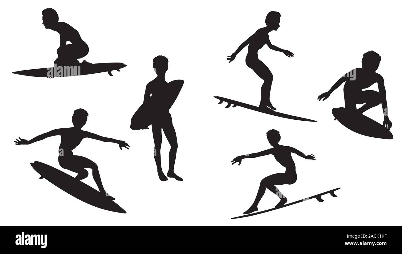 Abstract surfing man black silhouettes set design Stock Vector Image ...
