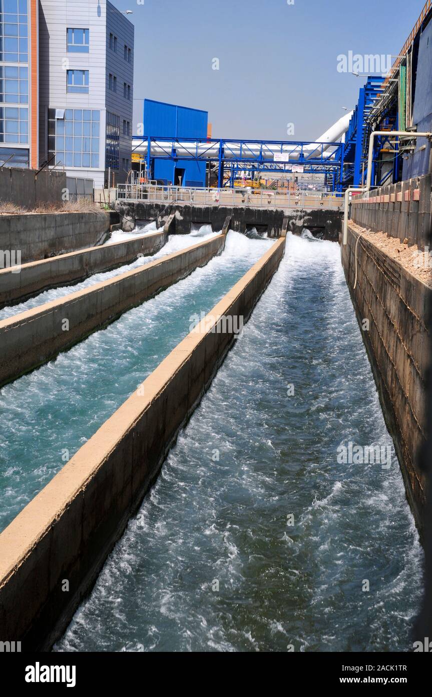 Desalination plant. Sea water is guided into the facility for ...