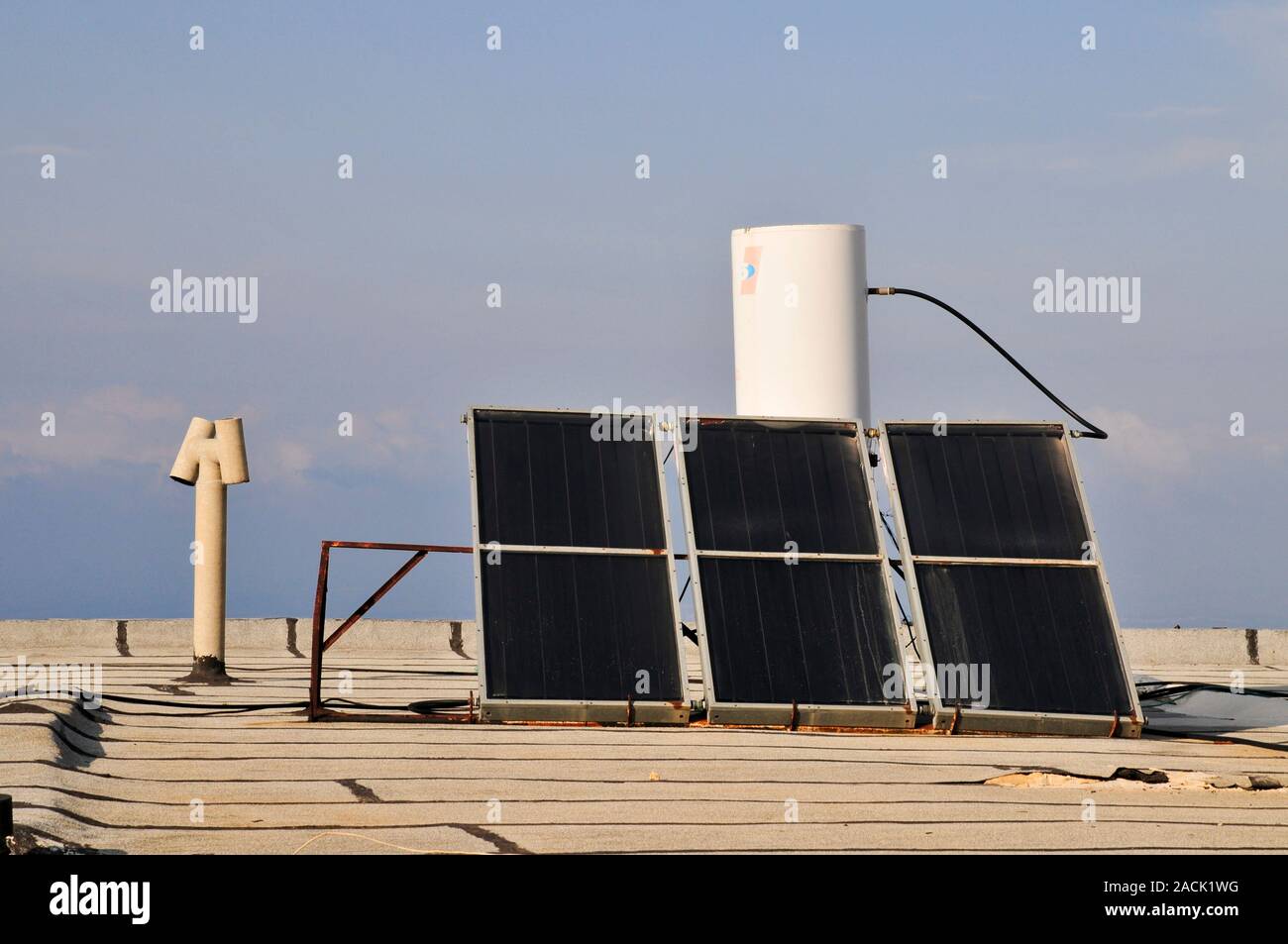 Solar water heater on a roof. Photographed in Israel Stock Photo - Alamy