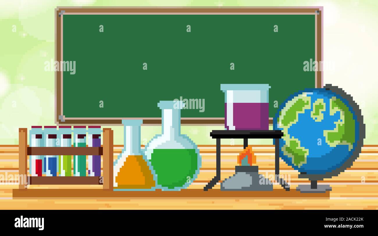 Classroom scene with scicen equipments and blackboard illustration ...