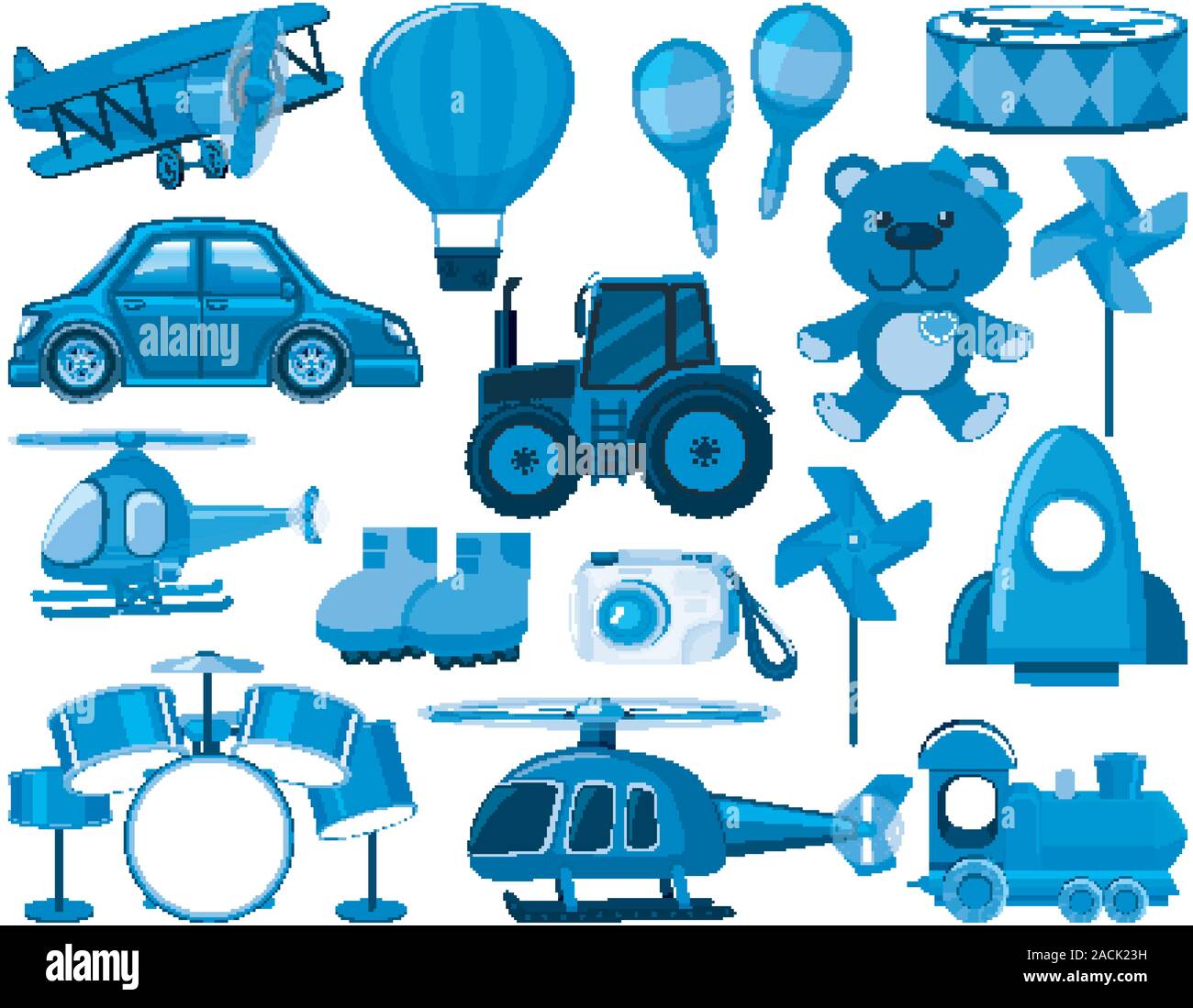 Large set of blue toys and other objects illustration Stock Vector ...