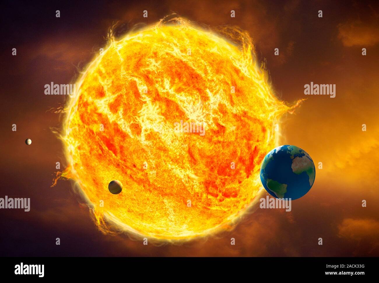 Inner solar system. Artwork of the Sun with three planets of the inner ...