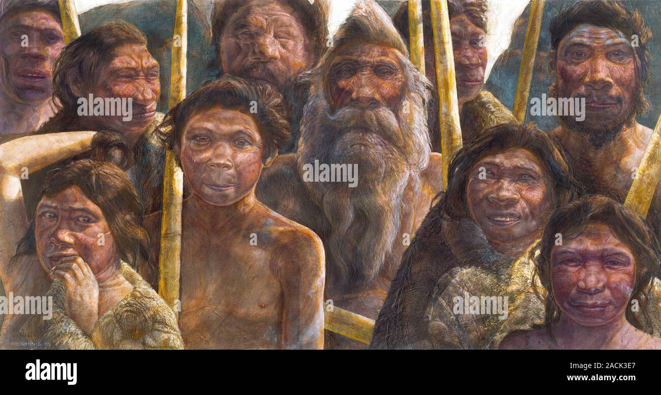 Homo heidelbergensis family, artwork. Also known as Heidelberg Man ...