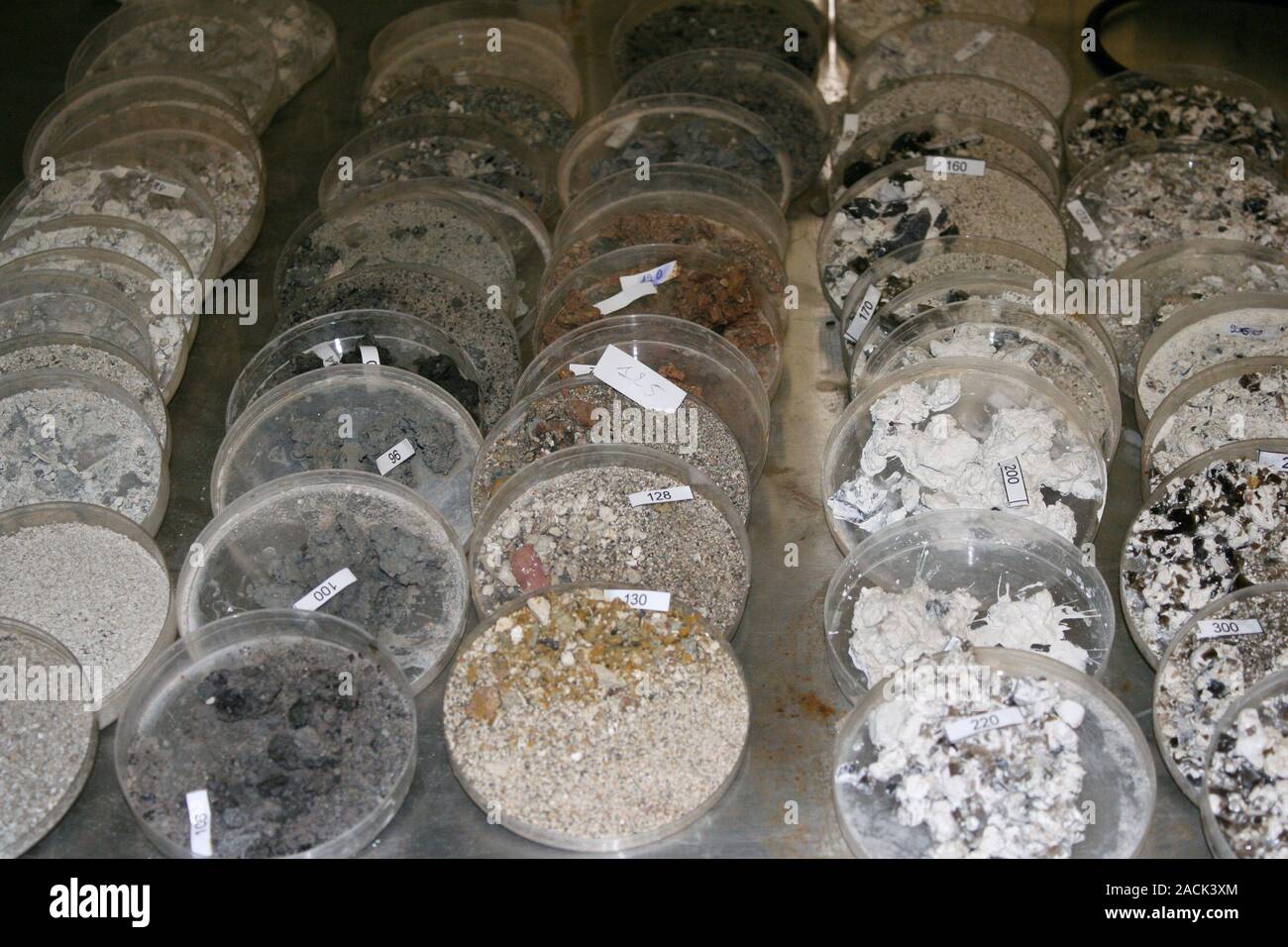 Geothermal well construction site. Samples of mud found at different ...