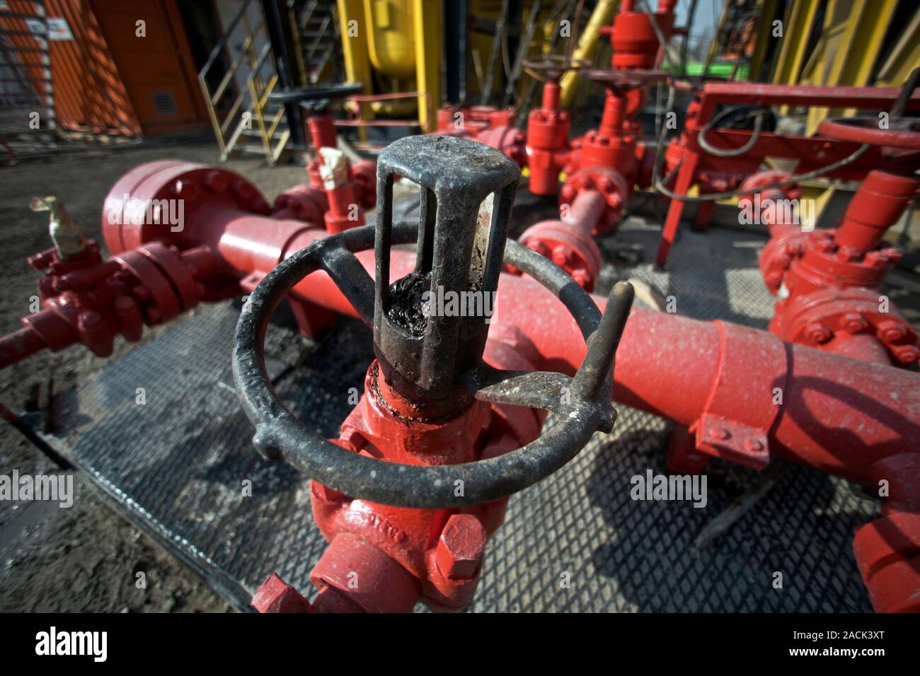 Geothermal well construction. Close-up of part of a drill rig being ...