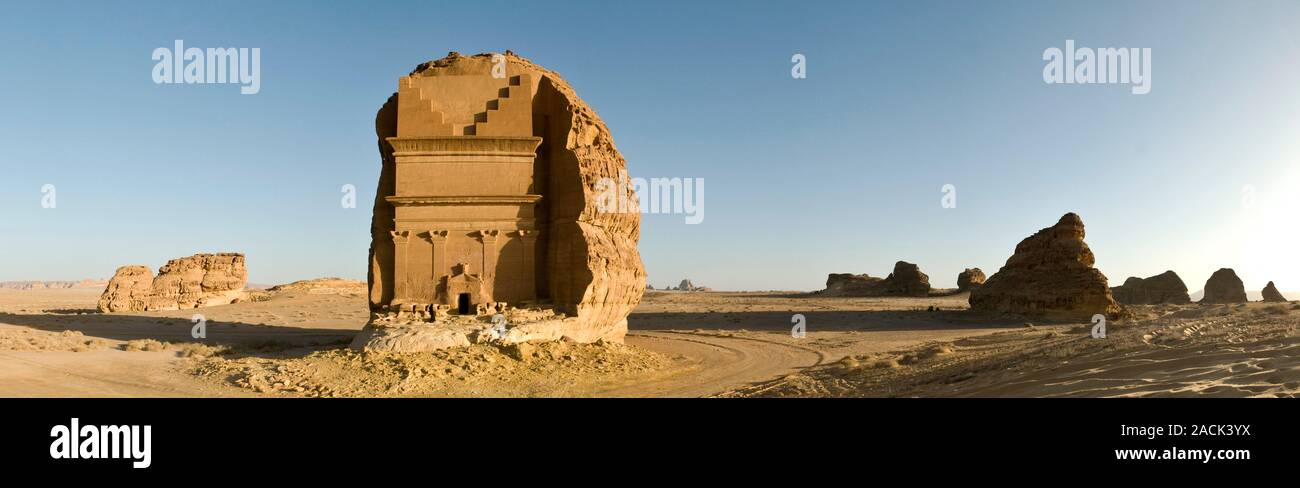 Mada'in Saleh. View across ruins of the ancient city Mada'in Saleh (or ...