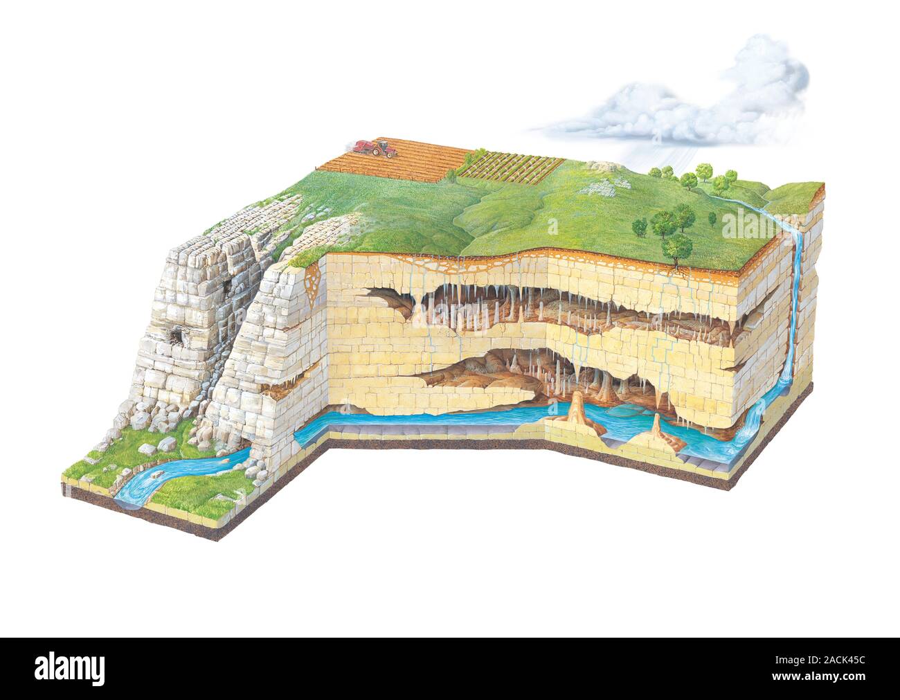 Karst landscape geology. Cutaway artwork showing the features of a ...