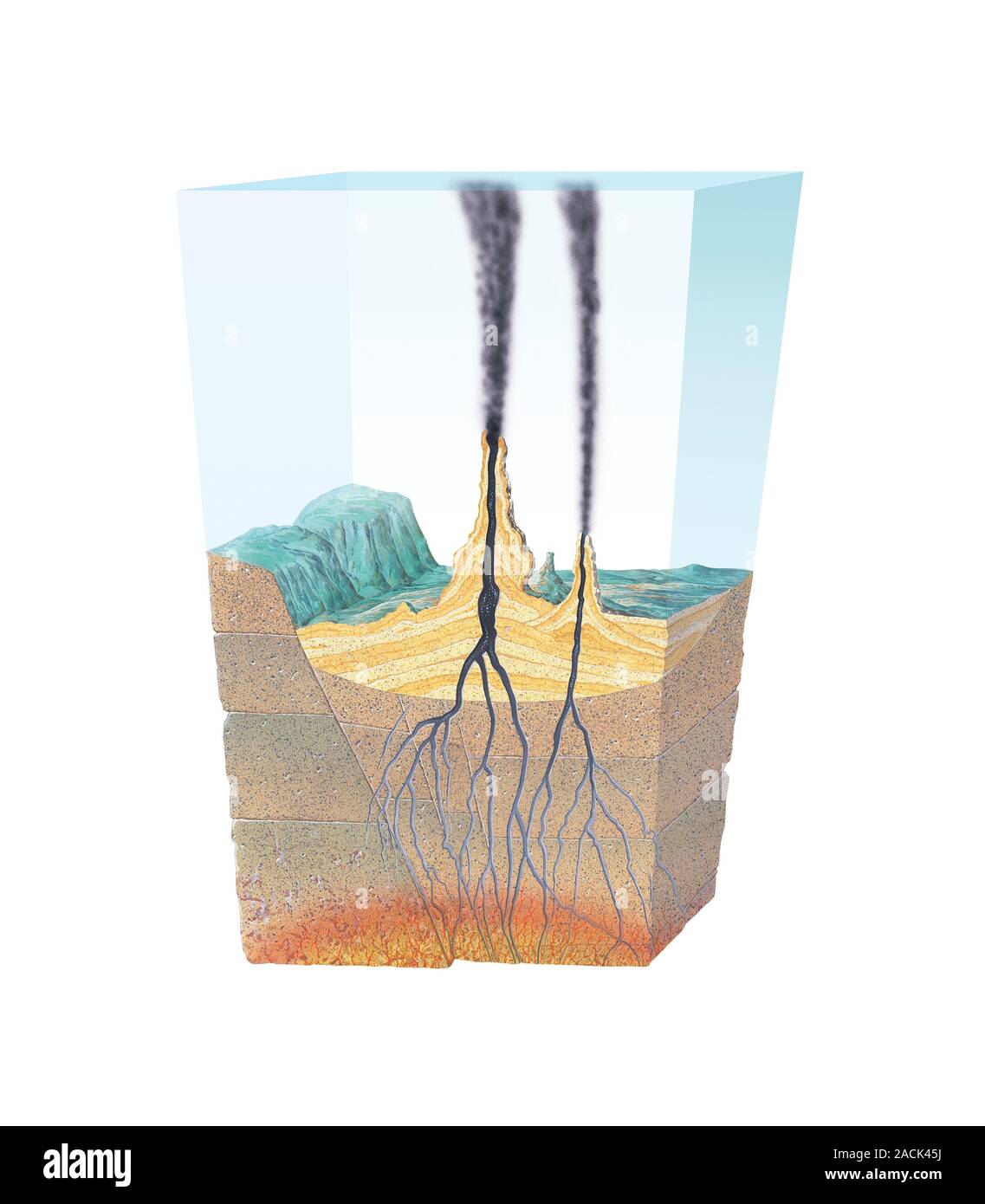 Hydrothermal vents. Cutaway artwork showing the features of underwater ...