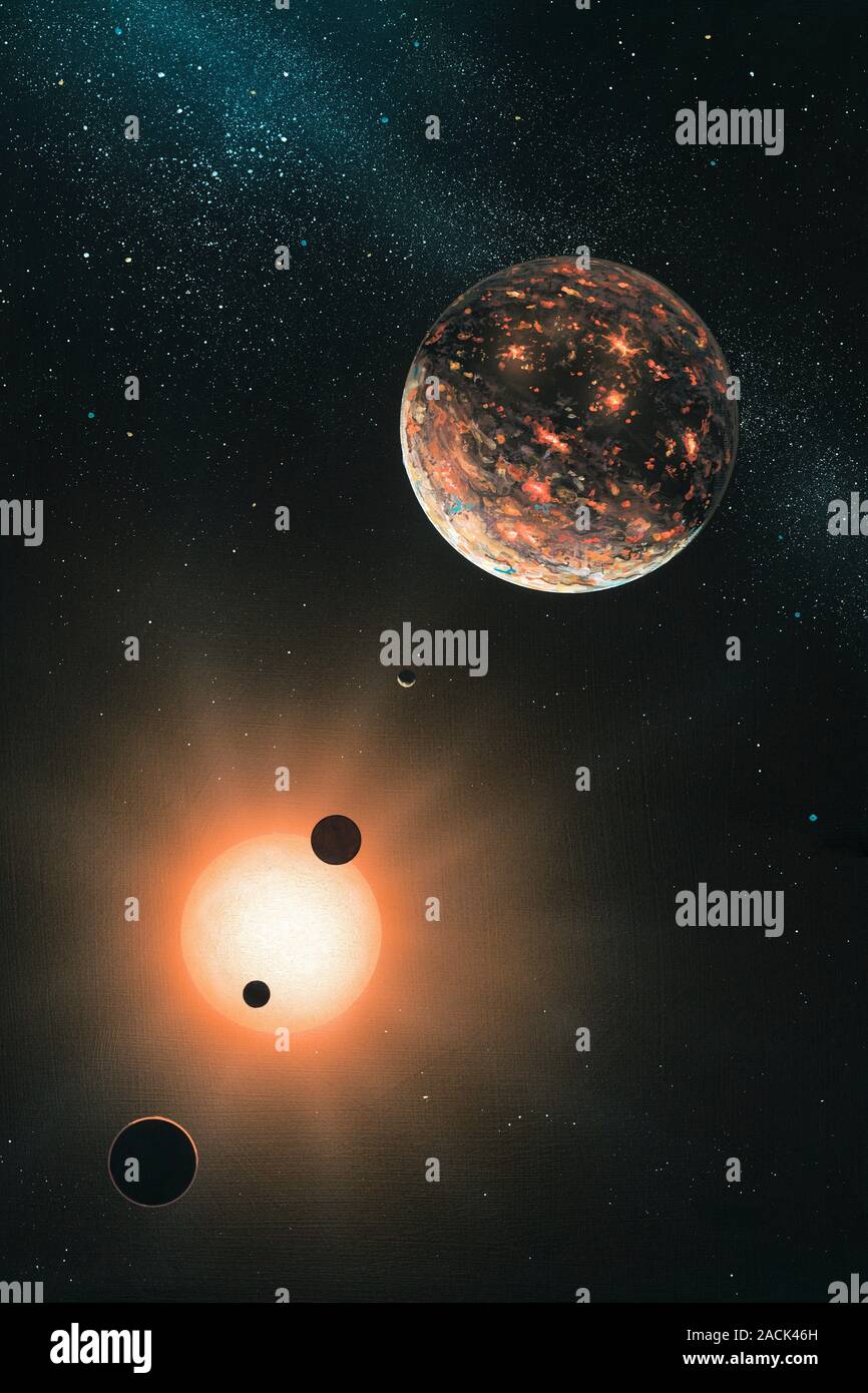 Extrasolar planets, artwork. Some of the planets are transiting their ...