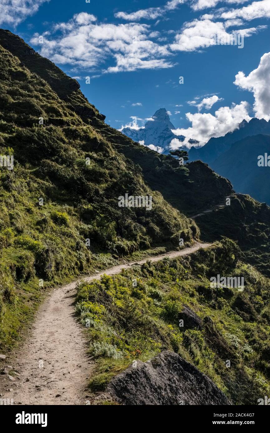 Walking path leading up the Dudh Koshi valley, the summit of Mt. Ama ...