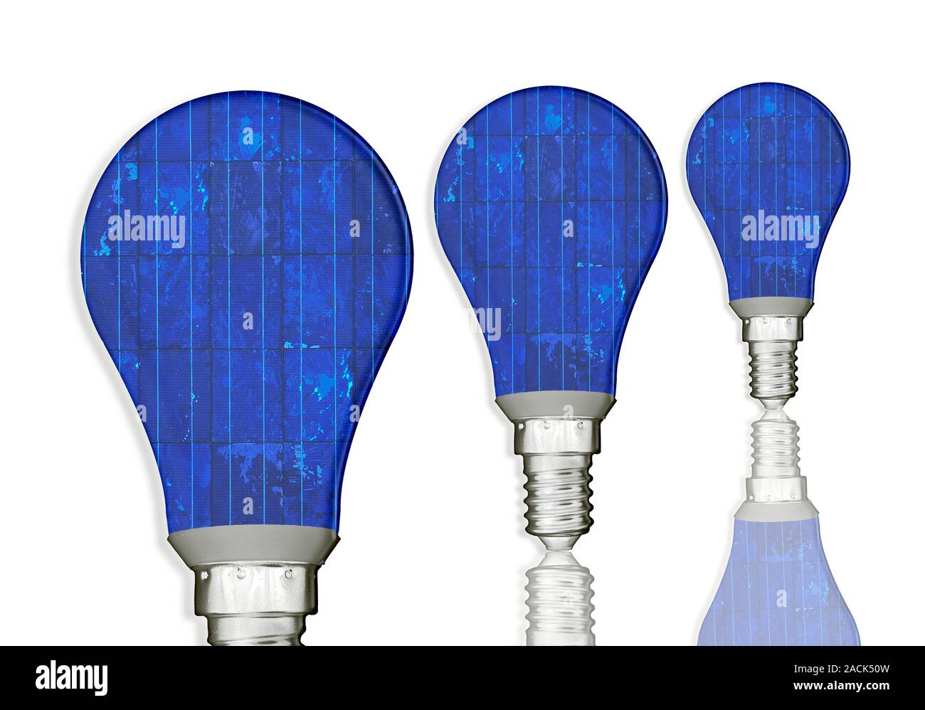 Solar-powered lights, conceptual image. Computer artwork of light bulbs ...