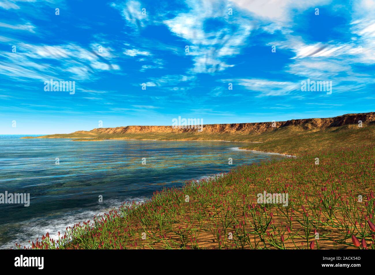 Prehistoric coastal landscape. Computer artwork showing a view across ...