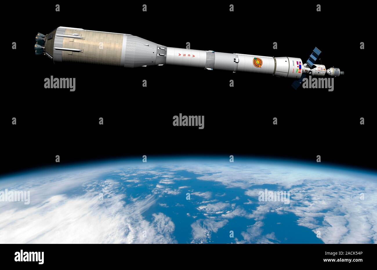 Mission to Mars. Computer artwork of a complete manned spacecraft system in orbit around Earth ...