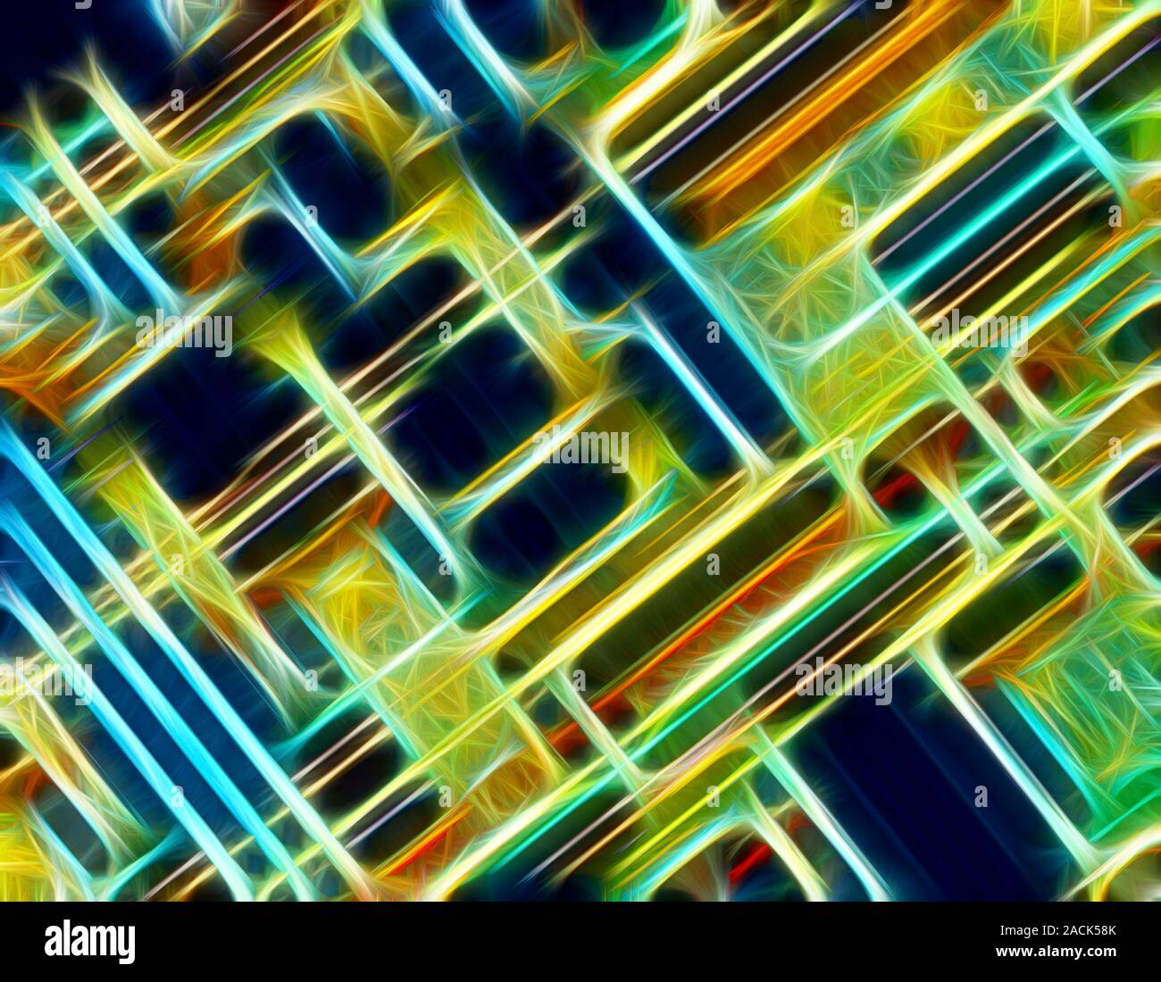 Microchip, computer artwork depicting a light micrograph of the surface ...