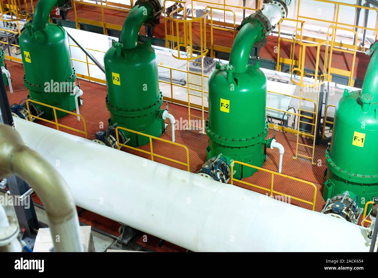 Desalination plant. Micron cartridge filter assemblies (green) at a ...