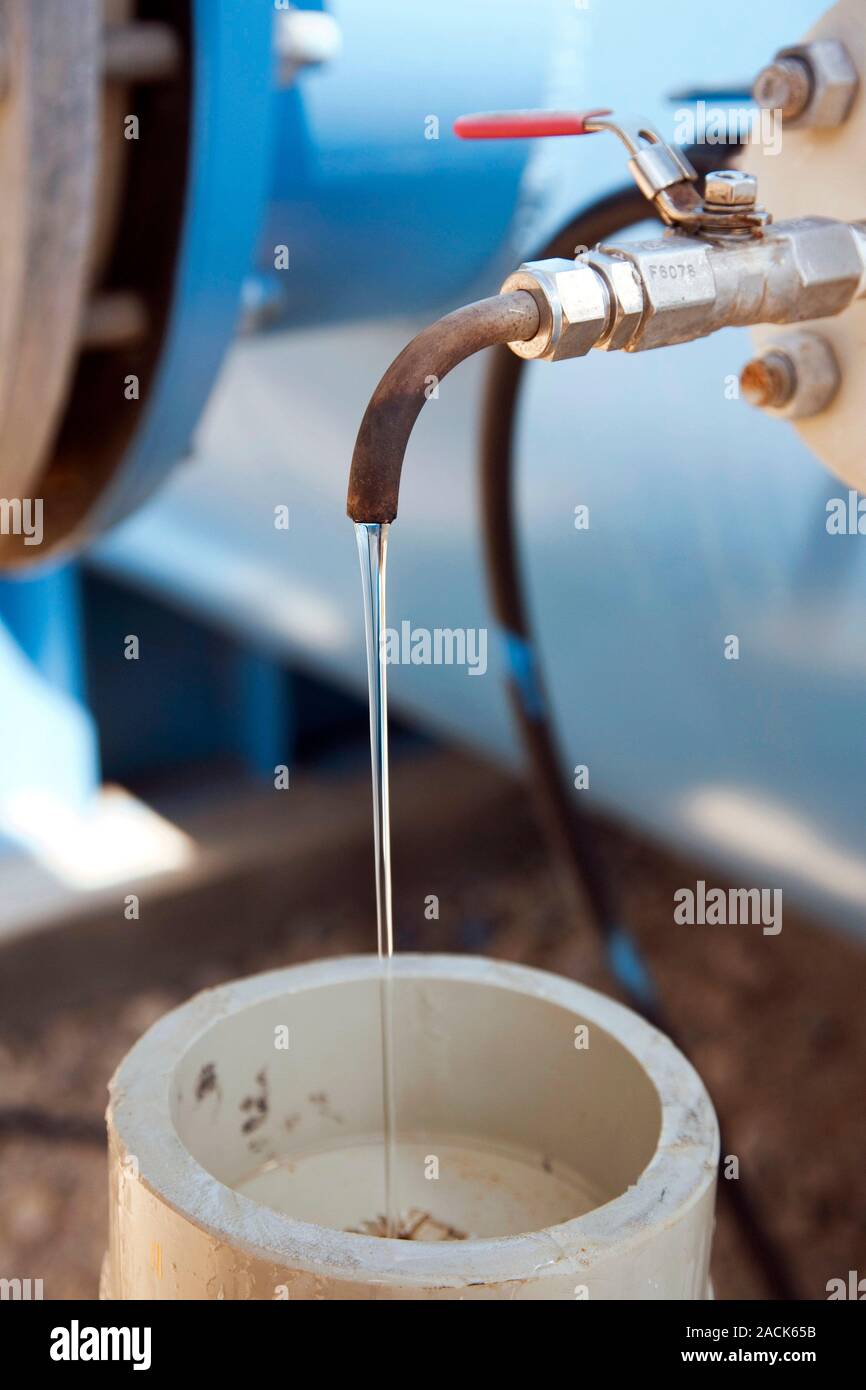 Desalination plant. Tap used to collect samples of purified water for ...
