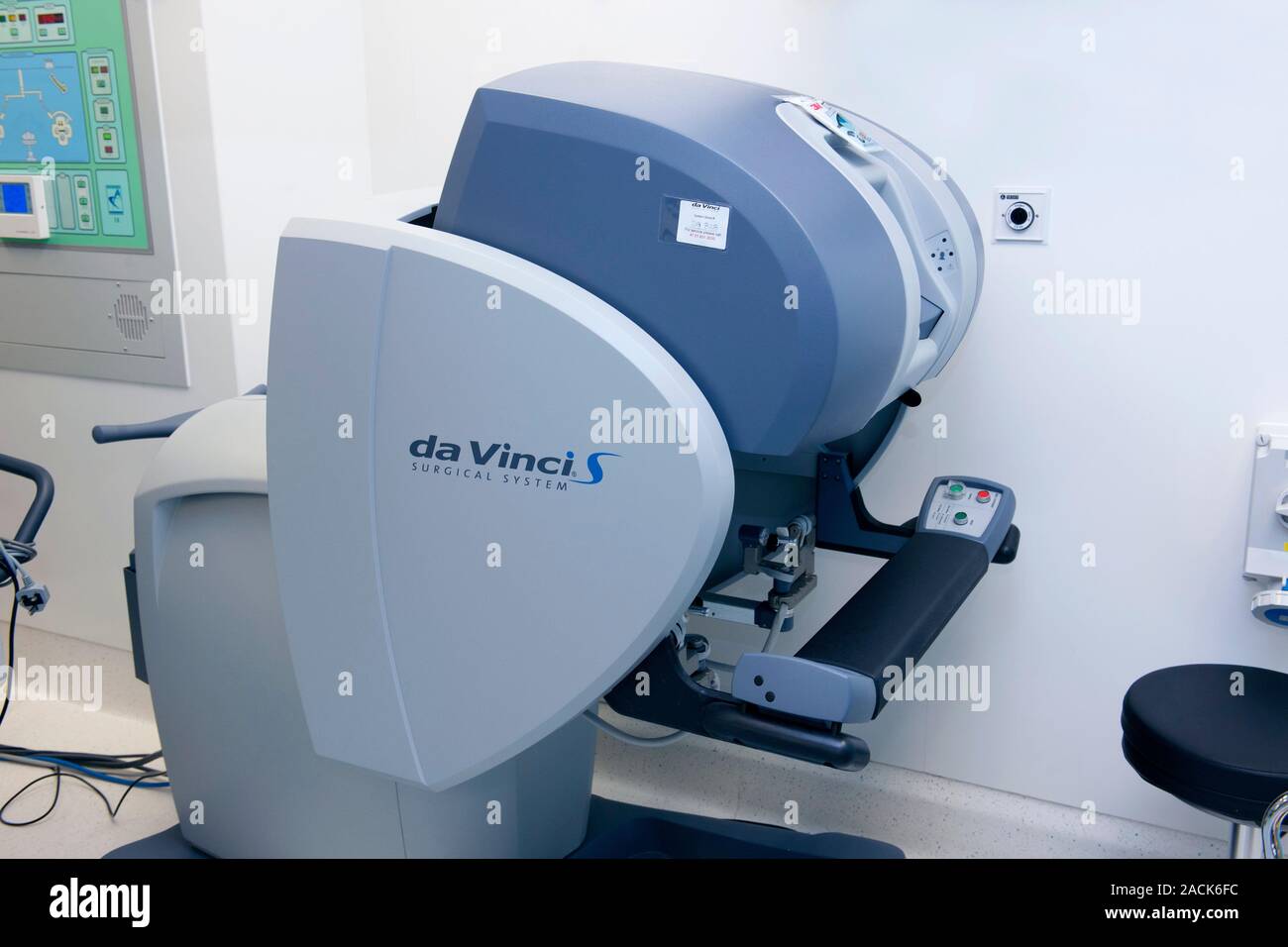 Robotic surgery. Control console for a Da Vinci robot surgeon. This ...