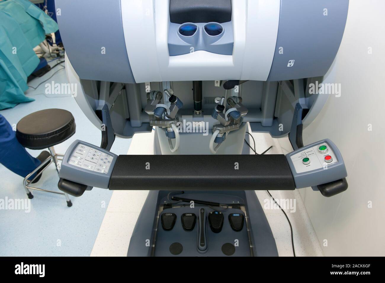 Robotic surgery. Control console for a Da Vinci robot surgeon. This ...