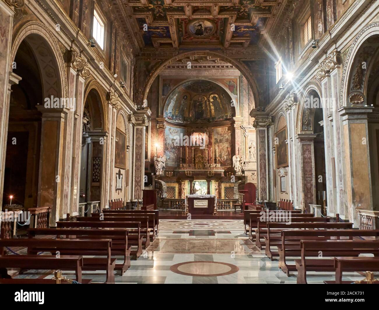 Rome, Italy - September 2018. Interior of Santa Francesca Romana basilica. View of main nave and ...