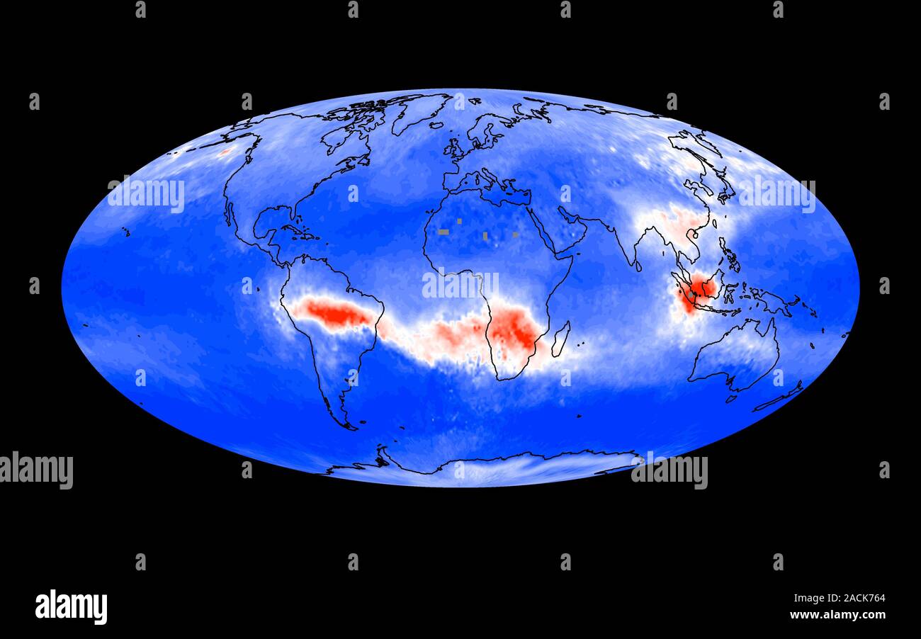 Global carbon monoxide levels. Map showing the mean concentration of ...