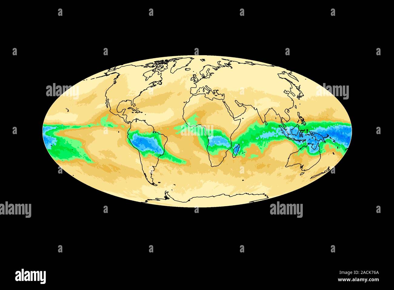 Global water vapour levels. Map showing the mean clear air precipitable ...