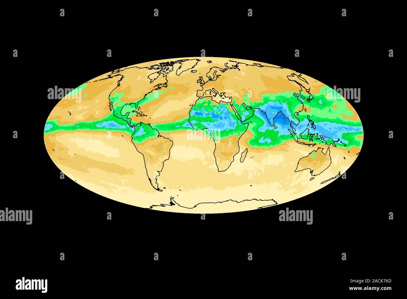 Global water vapour levels. Map showing the mean clear air precipitable ...