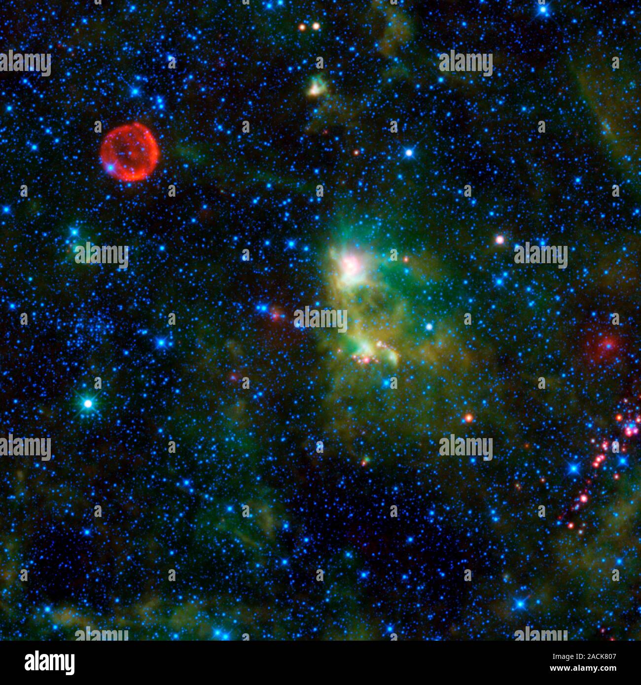 Supernova remnant and nebula, infrared image. At upper left (red) is ... Supernova remnant and nebula, infrared image. At upper left (red) is ...