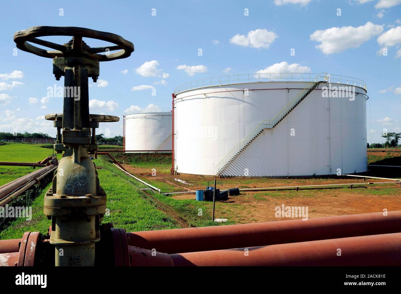 Biofuel production. Alcohol storage tanks a biofuel and sugar cane ...