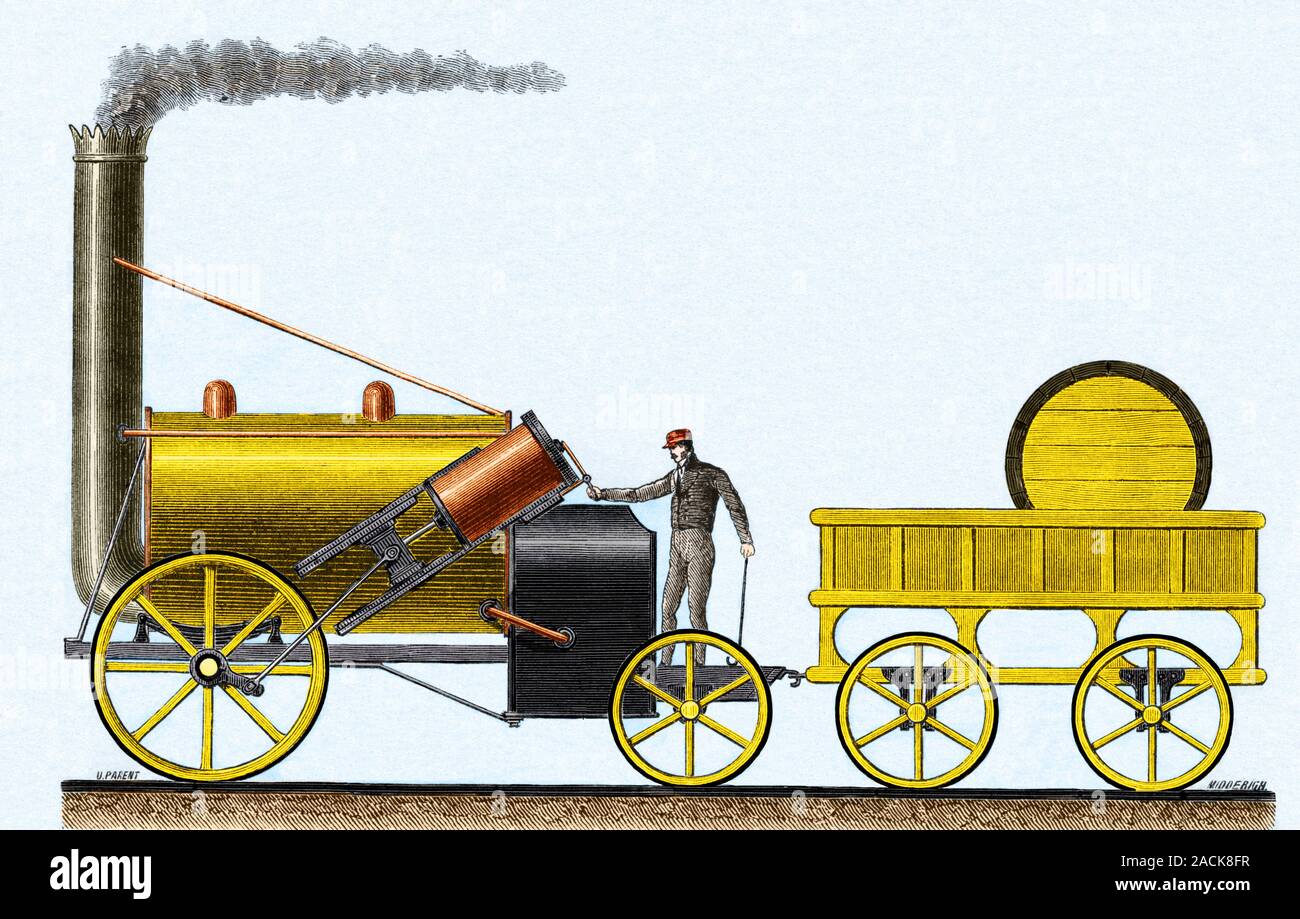 Stephenson's 'Rocket', coloured historical artwork. Stephenson's Steam ...
