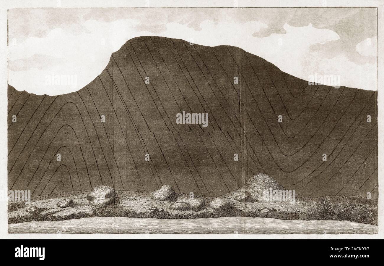 Folded rocks. Illustration depicting folded strata of rocks in an ...